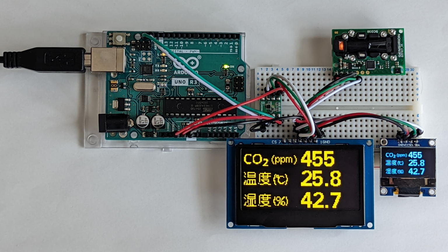 ArduinoとSCD30、OLED、u8g2で作る日本語表示のCO2濃度・温湿度計 | よかひより